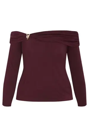 City Chic Ruched Off-the-shoulder Top - Bordeaux