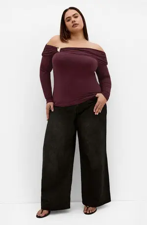 City Chic Ruched Off-the-shoulder Top - Bordeaux