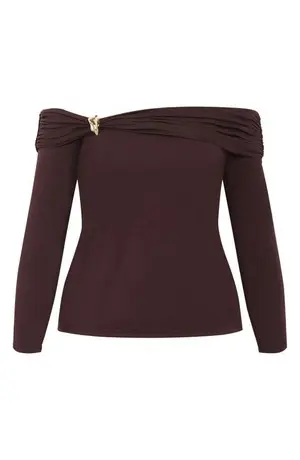 City Chic Ruched Off-the-shoulder Top - Chocolate