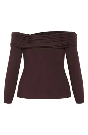 City Chic Ruched Off-the-shoulder Top - Chocolate
