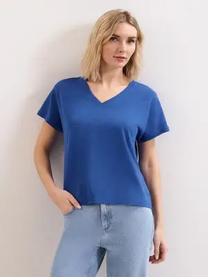 PHASE EIGHT Saphiya Slub Cotton V-neck T-shirt - Cobalt