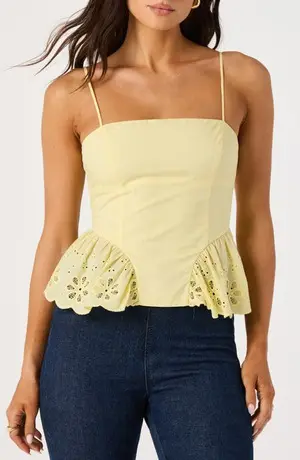 Astr The Label Eyelet Cotton Peplum Top - Yellow