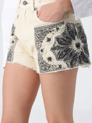 R13 Embroidered Denim Shorts - Beige