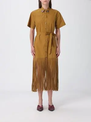 Pinko Short Sleeve Button-up Shirt Dress With Fringe Hem - Bronze