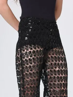 H COUTURE Embroidered Lace Sequined High-waisted Trousers - Black