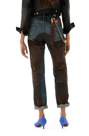 Versace Leather Patchwork Straight Leg Jeans - Dirty Blue Brown