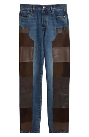 Versace Leather Patchwork Straight Leg Jeans - Dirty Blue Brown