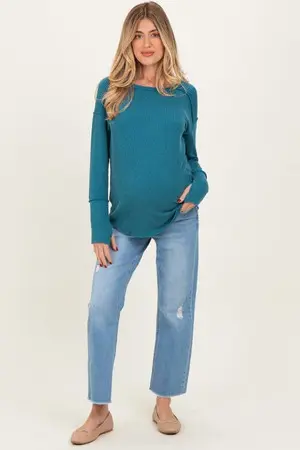 PINKBLUSH Distressed Cropped Straight Leg Maternity Jeans With Raw Hem - Blue