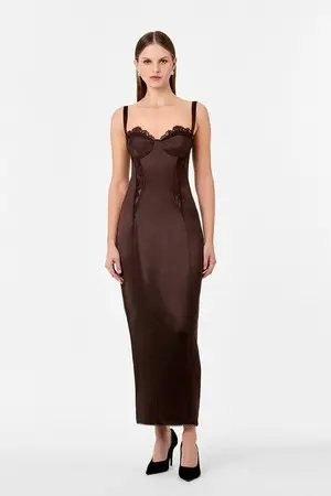 NICHOLAS Dominique Lace Paneled Midi Dress - Espresso