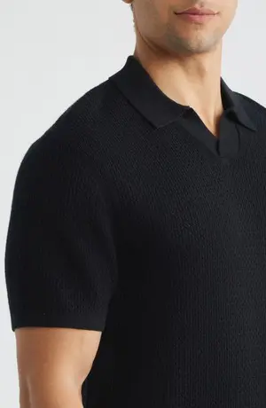 Reigning Champ Victor Johnny Collar Cotton & Linen Polo Sweater - Black