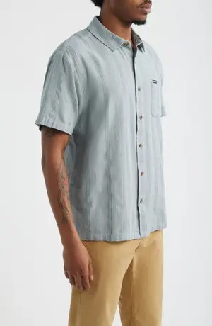 Brixton Cru Textured Stripe Short Sleeve Cotton Dobby Button-up Shirt - Trooper