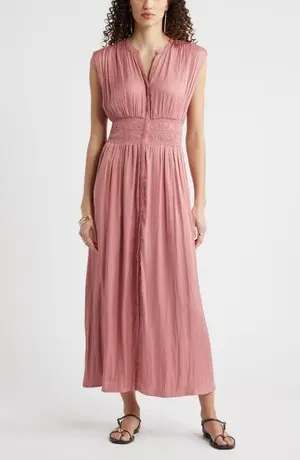 Nordstrom Smocked Waist Maxi Shirtdress - Pink Compact