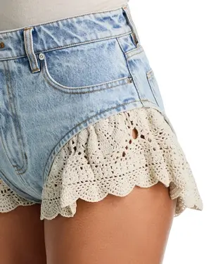 FRAME Crochet Ruffle Denim Shorts