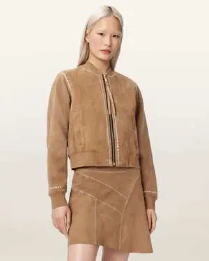 ALLSAINTS Oren Whipstitch Suede Bomber Jacket - Brown