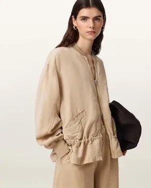 ALLSAINTS Sofi Linen Blend Drawstring Bomber Jacket - Brown