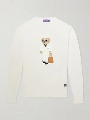 Ralph Lauren Purple Label Polo Bear Appliqué Silk And Linen Blend Sweater - Neutrals