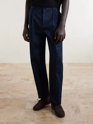 Valentino Garavani Vlogo Straight-leg Pleated Cotton-gabardine Trousers - Blue