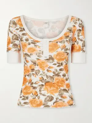 Chloé Floral-print Ribbed Stretch-cotton Jersey T-shirt - Orange