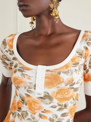 Chloé Floral-print Ribbed Stretch-cotton Jersey T-shirt - Orange