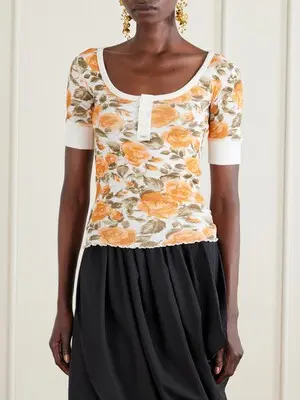 Chloé Floral-print Ribbed Stretch-cotton Jersey T-shirt - Orange