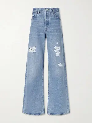 FRAME The Loose Distressed Low-rise Wide-leg Jeans - Blue