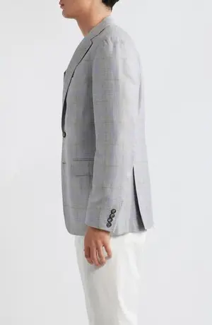 Canali Kei Trim Fit Plaid Cashmere, Linen & Silk Sport Coat - Light Grey