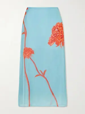 SIR. Amelie Floral-printed Silk-chiffon Midi Skirt - Blue