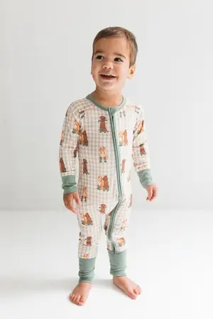 IN MY JAMMERS Pup Friends Zipper Romper - Green Pup Friends