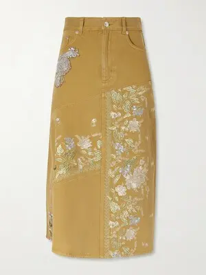 Erdem Embellished Embroidered Denim Midi Skirt - Green