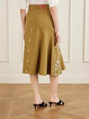 Erdem Embellished Embroidered Denim Midi Skirt - Green