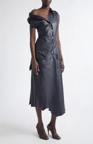 Alexander McQueen Asymmetric Leather Shirtdress - Navy