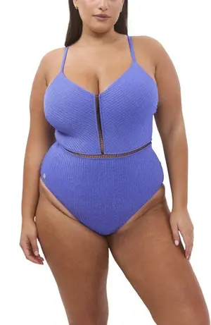 BILIBLOND Kim Rib Lurex V-neck One-piece Swimsuit - Blue Rib Lurex