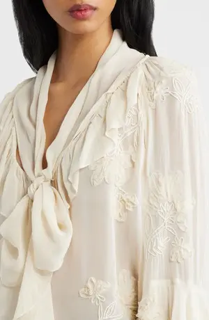Mango Floral Embroidered Tie Mock Neck Top