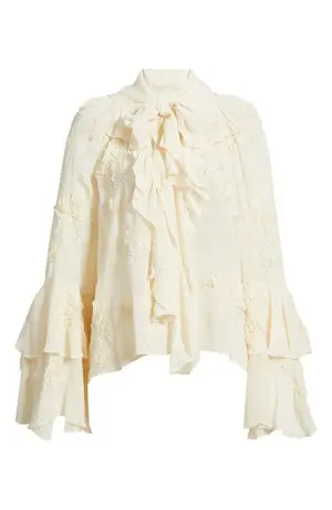Mango Floral Embroidered Tie Mock Neck Top