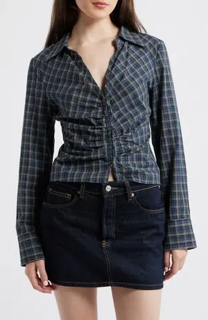 Mango Galeeno Plaid Ruched Top