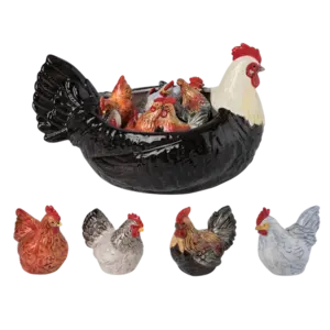 TRANSPAC Dolomite Chicken Salt And Pepper Shaker Set With Bowl Display 17 Piece Ceramic Kitchen Decor - Multicolored