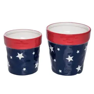TRANSPAC Ceramic Patriotic Pots Set Of 2 Color Box Planter For Patriotic Garden Decor - Multicolored