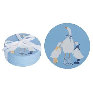 TRANSPAC Mdf Ducks In Boots Coasters Set Of 4 Blue And White And Yellow For Spring Serving And Entertaining - Multicolored