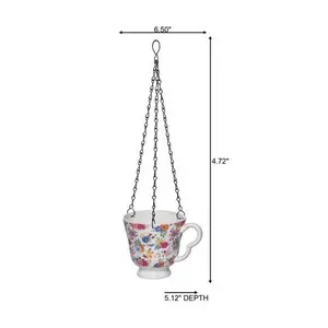TRANSPAC Dolomite Tea Cup Hanging Planter With Drainage Hole For Spring Garden Decor