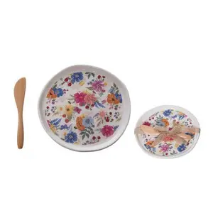 TRANSPAC Dolomite Wildflower Appetizer Plate With Spreader For Spring Serving And Entertaining - Multicolored