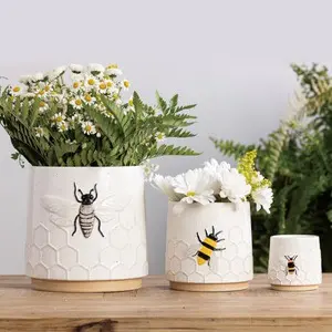 TRANSPAC Dolomite Bee Planters Set Of 3 For Spring Garden Decor