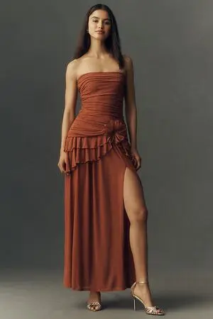 Bhldn Strapless Ruched Rosette Mesh Maxi Dress