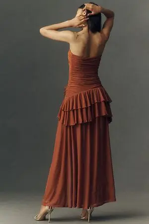 Bhldn Strapless Ruched Rosette Mesh Maxi Dress