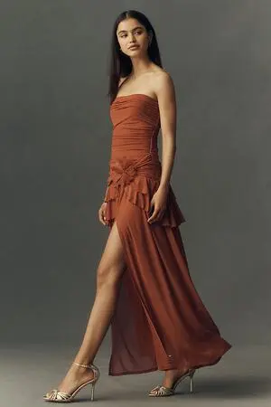 Bhldn Strapless Ruched Rosette Mesh Maxi Dress