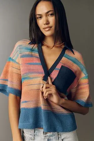 PILCRO Cotton Waffle Knit V-neck Top - Multi