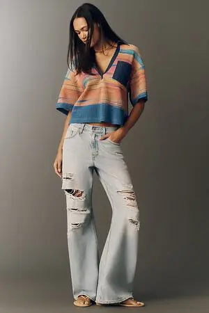 PILCRO Cotton Waffle Knit V-neck Top - Multi