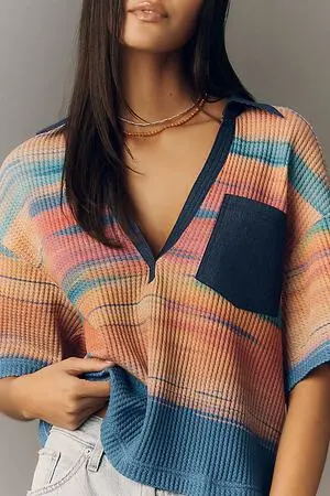 PILCRO Cotton Waffle Knit V-neck Top - Multi