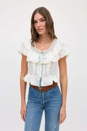 Rixo Melisa Ruffle Lace Trimmed Blouse