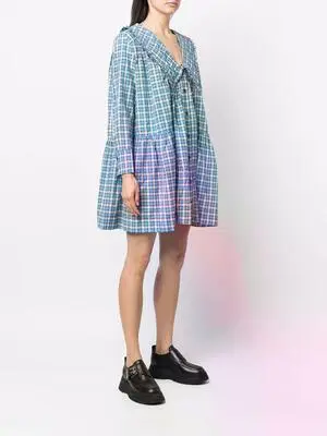 GANNI Seersucker Check-print Gathered Dress