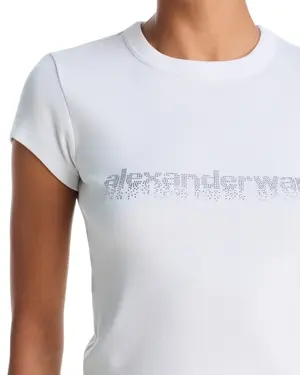 Alexander Wang Ribbed Knit Rhinestone Logo Crewneck Tee - White